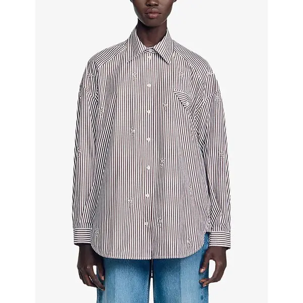 Sandro Striped Rhinestone Embellished Cotton Shirt