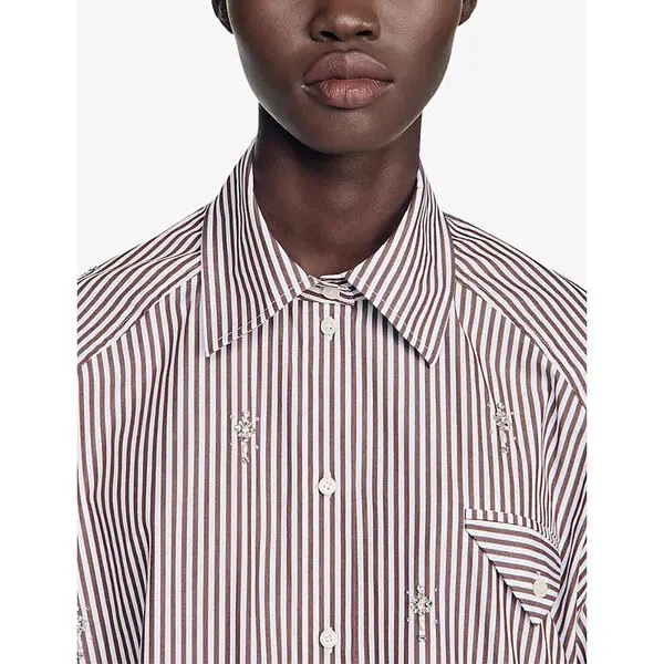 Sandro Striped Rhinestone Embellished Cotton Shirt