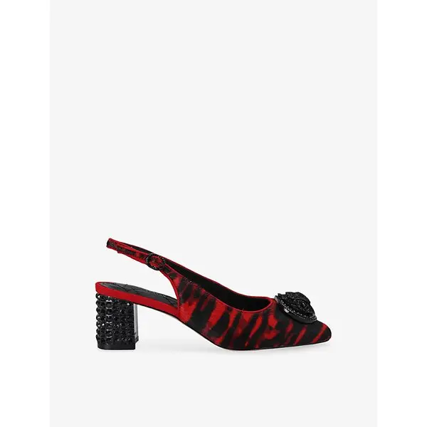 Kurt Geiger Chelsea Block-heel Leather Slingback Pumps With Crystal Eagle Embellishment And Zebra-stripe Print - Red Comb
