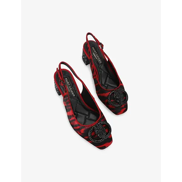 Kurt Geiger Chelsea Block-heel Leather Slingback Pumps With Crystal Eagle Embellishment And Zebra-stripe Print