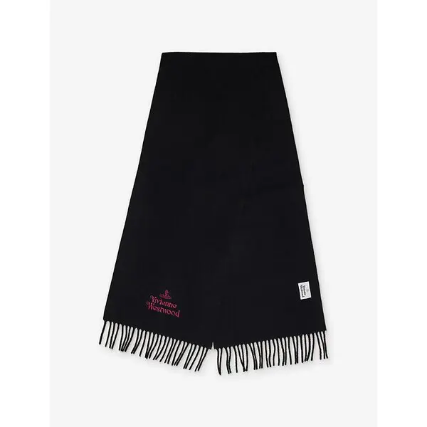 VIVIENNE WESTWOOD Brand-embroidered Fringed-trim Wool Scarf - Black