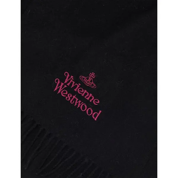 VIVIENNE WESTWOOD Brand-embroidered Fringed-trim Wool Scarf - Black
