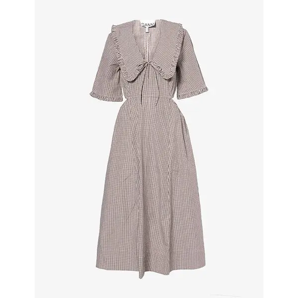 GANNI Checked Cotton Cut-out Midi Dress