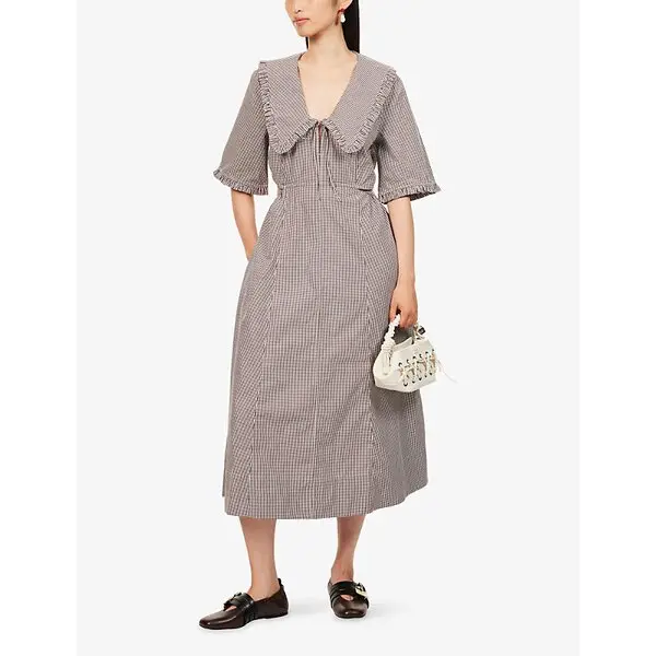 GANNI Checked Cotton Cut-out Midi Dress
