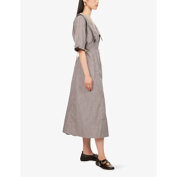 GANNI Checked Cotton Cut-out Midi Dress