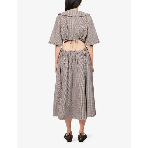 GANNI Checked Cotton Cut-out Midi Dress