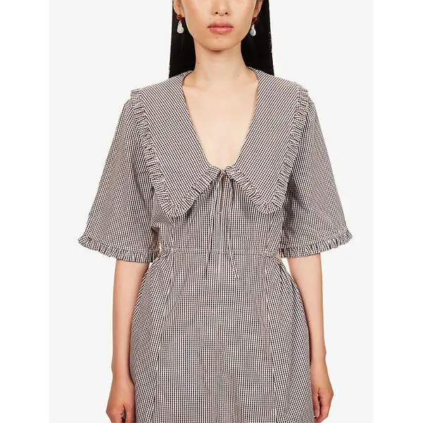 GANNI Checked Cotton Cut-out Midi Dress