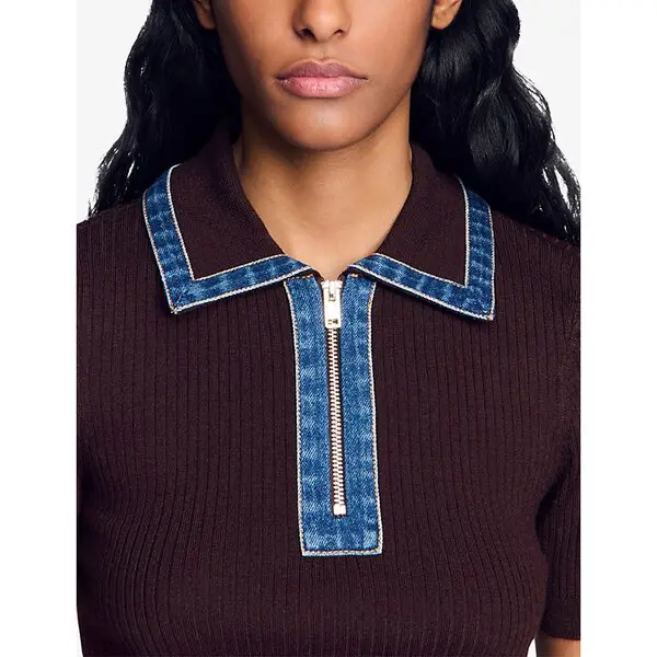 Sandro Contrast-collar Slim-fit Wool-blend Jumper
