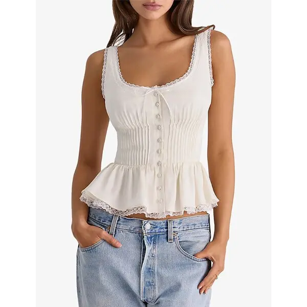 House Of Cb Effie Lace-trim Button-down Woven Top