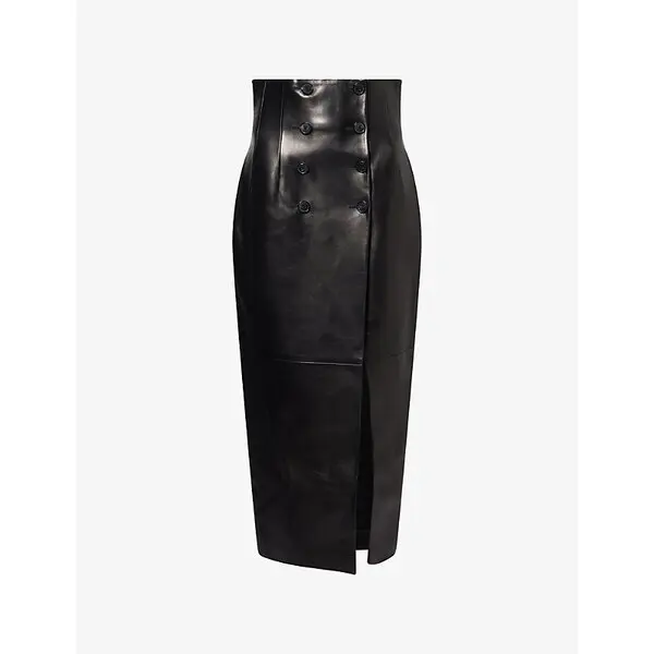 Khaite Luiza Buttoned Leather Midi Skirt