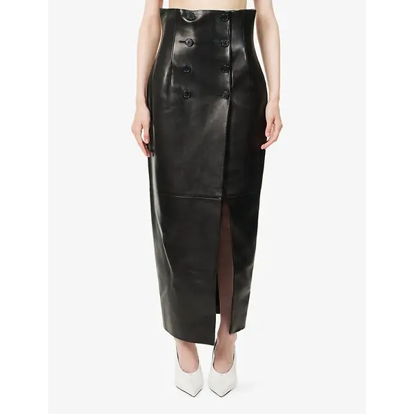Khaite Luiza Buttoned Leather Midi Skirt