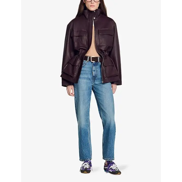 Sandro High-neck Four-pocket Leather Jacket