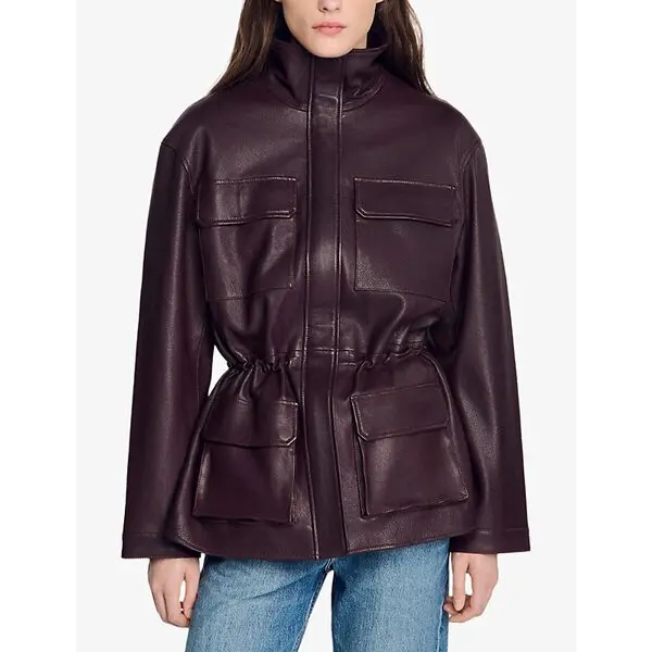 Sandro High-neck Four-pocket Leather Jacket