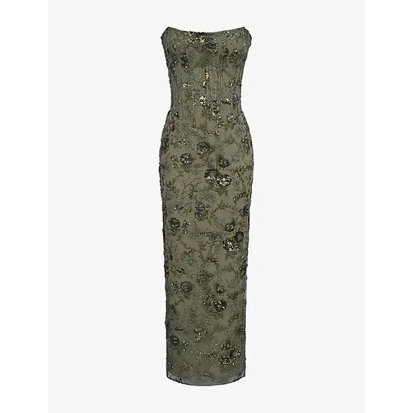 House Of Cb Hand-beaded Strapless Woven Maxi Dress - Fir Green