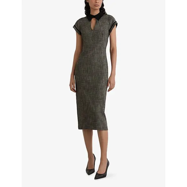 REISS Ava Tailored Contrast Collar Stretch Woven Midi Dress