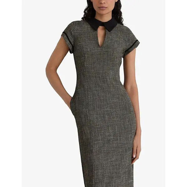 REISS Ava Tailored Contrast Collar Stretch Woven Midi Dress