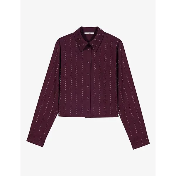 Maje Cropped Rhinestone-embellished Stretch Cotton-blend Shirt