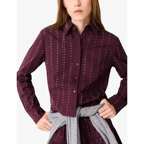 Maje Cropped Rhinestone-embellished Stretch Cotton-blend Shirt