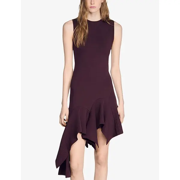 Sandro Asymmetric Sleeveless Knitted Mini Dress - Brown
