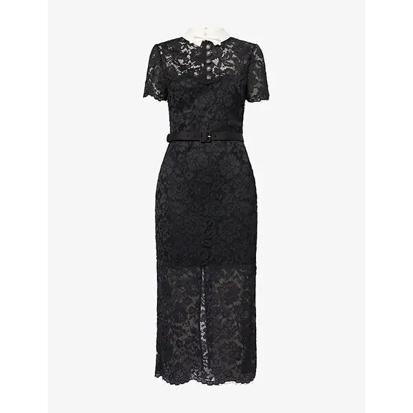 SELF-PORTRAIT Lace Midi Dress With Contrast Collar And Belted Waist
