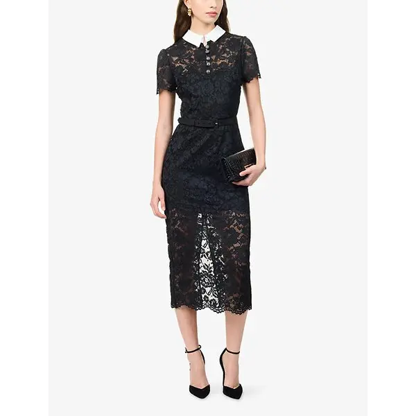 SELF-PORTRAIT Lace Midi Dress With Contrast Collar And Belted Waist