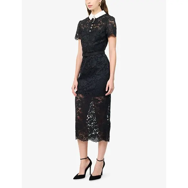 SELF-PORTRAIT Lace Midi Dress With Contrast Collar And Belted Waist
