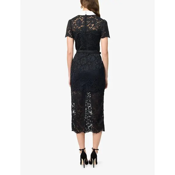 SELF-PORTRAIT Lace Midi Dress With Contrast Collar And Belted Waist
