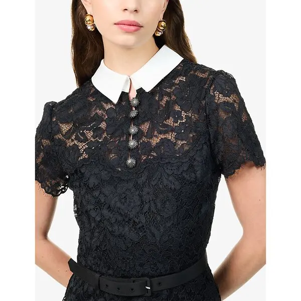 SELF-PORTRAIT Lace Midi Dress With Contrast Collar And Belted Waist
