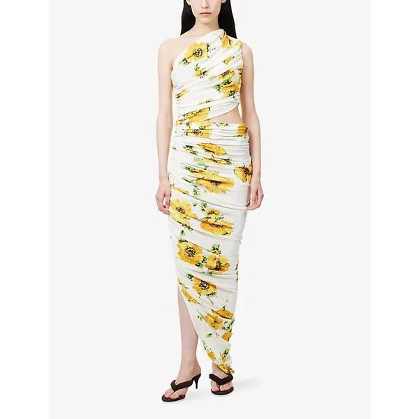 Alaïa Floral-print Ruched Midi Dress