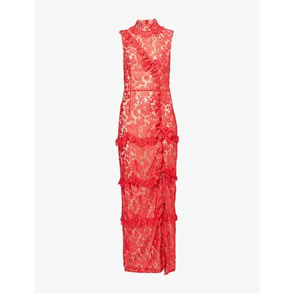 Alessandra Rich High-neck Ruffled Lace Midi Dress - Red
