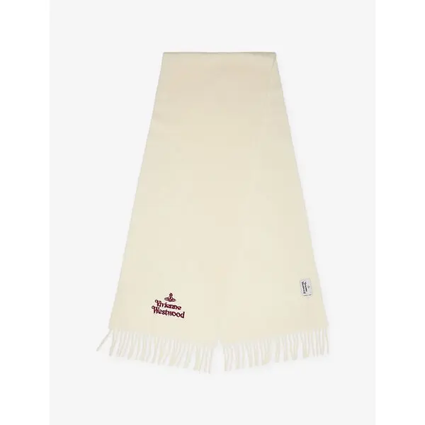 VIVIENNE WESTWOOD Brand-embroidered Fringed-trim Wool Scarf - White