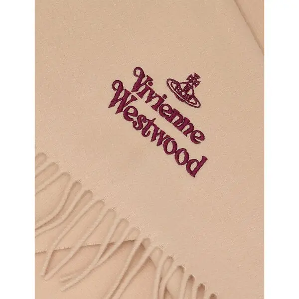 VIVIENNE WESTWOOD Brand-embroidered Fringed-trim Wool Scarf - Beige