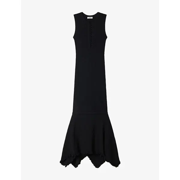 Sandro Asymmetric Pointelle Knit Maxi Dress - Black