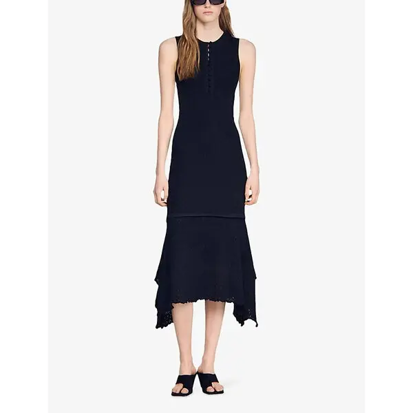 Sandro Asymmetric Pointelle Knit Maxi Dress