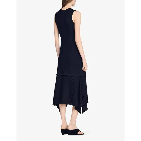 Sandro Asymmetric Pointelle Knit Maxi Dress