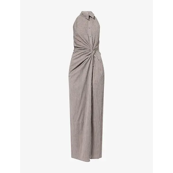 OUDE WAAG Cotton-blend Maxi Dress With Halterneck And Knot Detail - Gray Blue