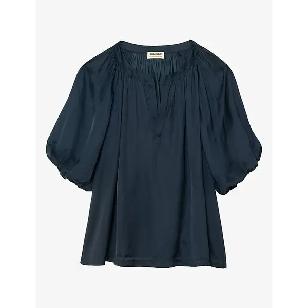 Zadig&Voltaire Teko Round-neck Puff-sleeve Satin Blouse - Marine