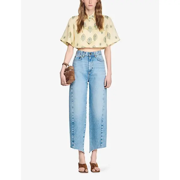 Sandro Paisley Cropped Satin Shirt With Short Sleeves And Chest Pockets