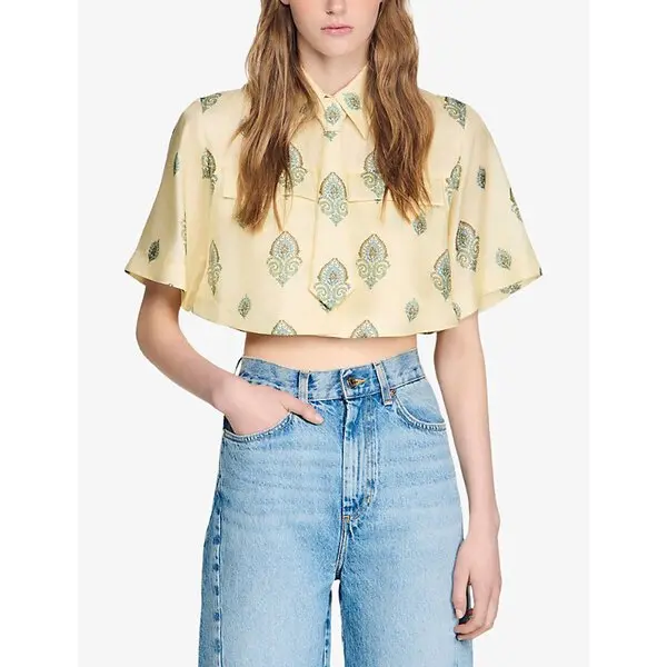 Sandro Paisley Cropped Satin Shirt With Short Sleeves And Chest Pockets