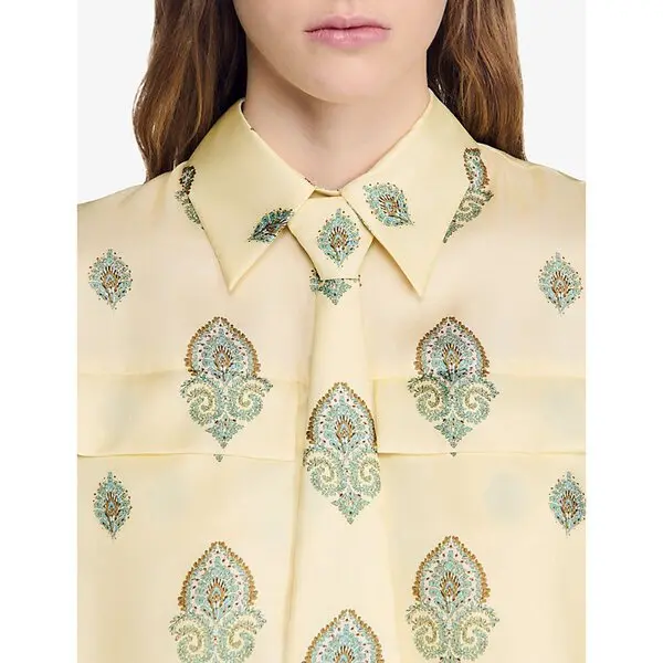 Sandro Paisley Cropped Satin Shirt With Short Sleeves And Chest Pockets