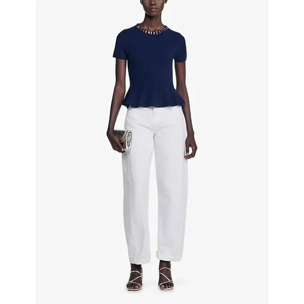 Sandro Embellished-trim Peplum-hem Wool-blend Jumper