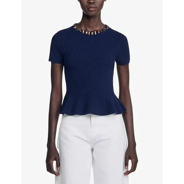 Sandro Embellished-trim Peplum-hem Wool-blend Jumper