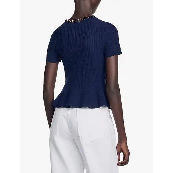 Sandro Embellished-trim Peplum-hem Wool-blend Jumper