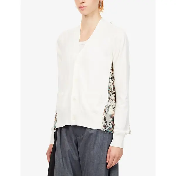 Sacai Floral-panel Knitted Cardigan