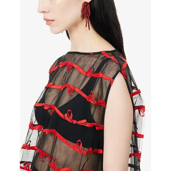 Simone Rocha Embroidered Boxy-fit Mesh Smock Top