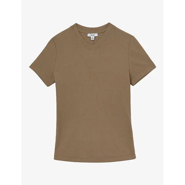 REISS Addison V-neck Stretch-cotton T-shirt - Camel