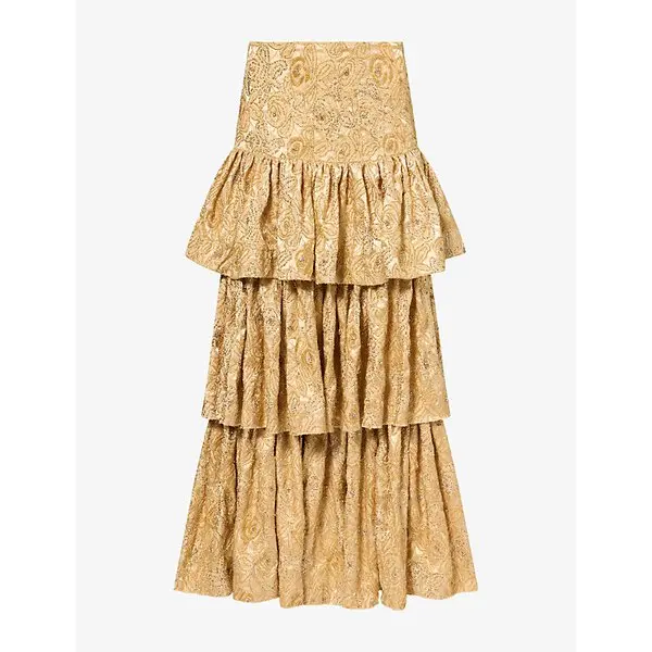 GRACE FAENA Tiered Beaded Silk Midi Skirt