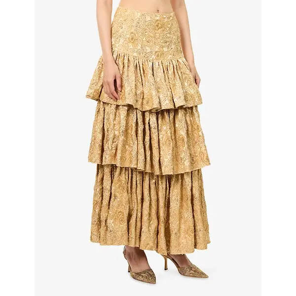 GRACE FAENA Tiered Beaded Silk Midi Skirt