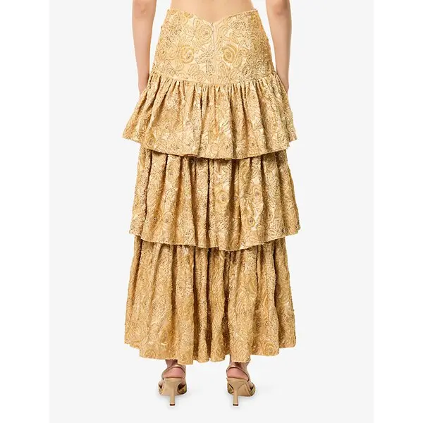 GRACE FAENA Tiered Beaded Silk Midi Skirt