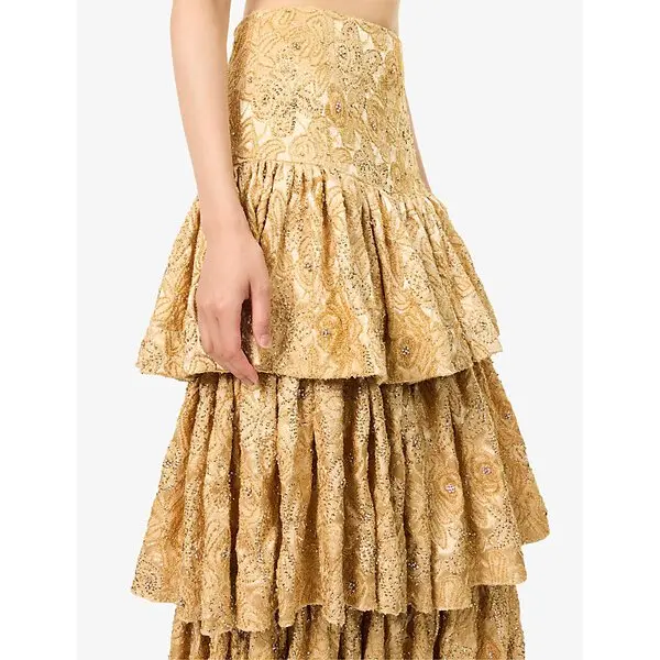 GRACE FAENA Tiered Beaded Silk Midi Skirt